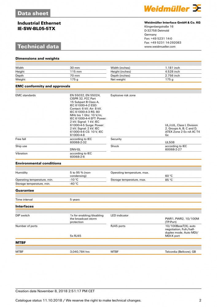 Technical document page 2 for industrial Ethernet switch model 1240840000
