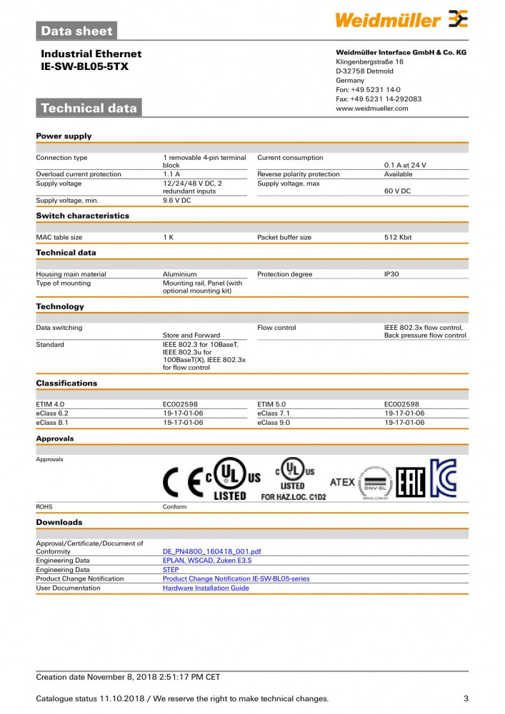 Technical document page 3 for industrial Ethernet switch model 1240840000