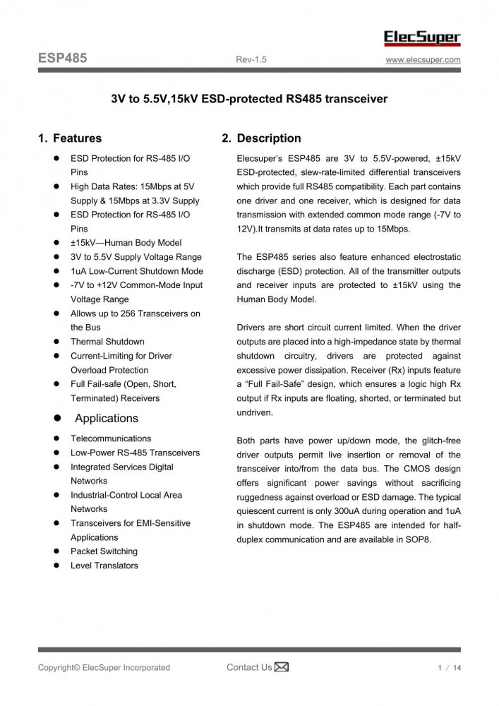 ESP485 datasheet page 1