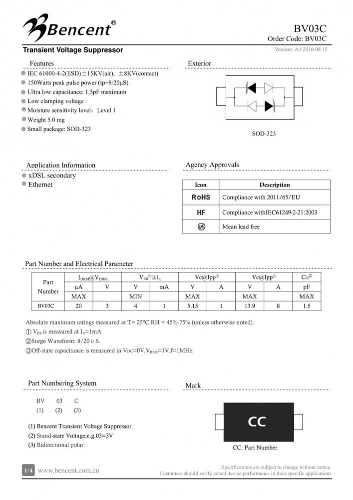 Bencent BV03C datasheet page 1