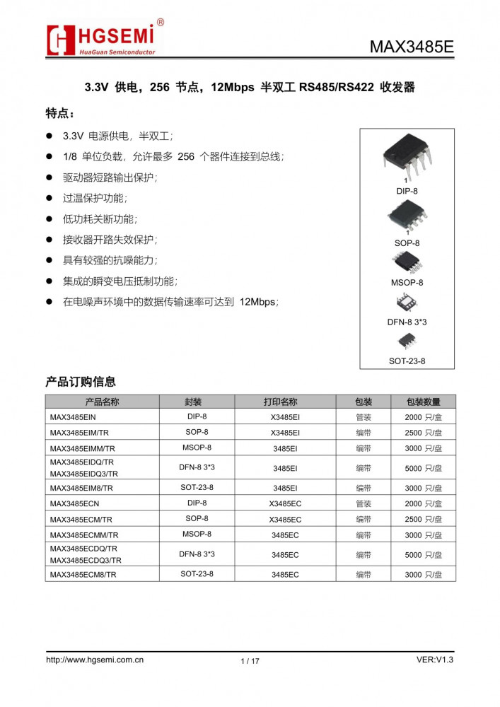 MAX3485E technical document page 1