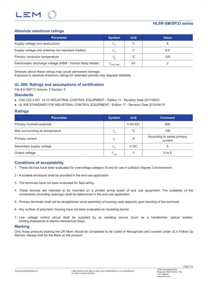 LEM HLSR datasheet page 2