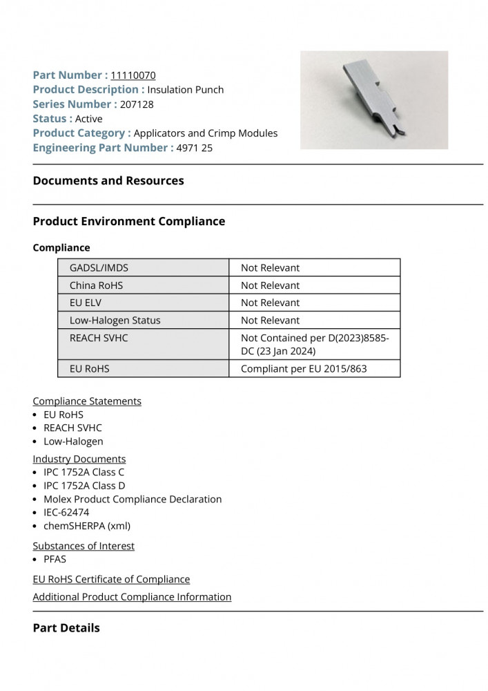 MOLEX 11110070 tooling document, page 1