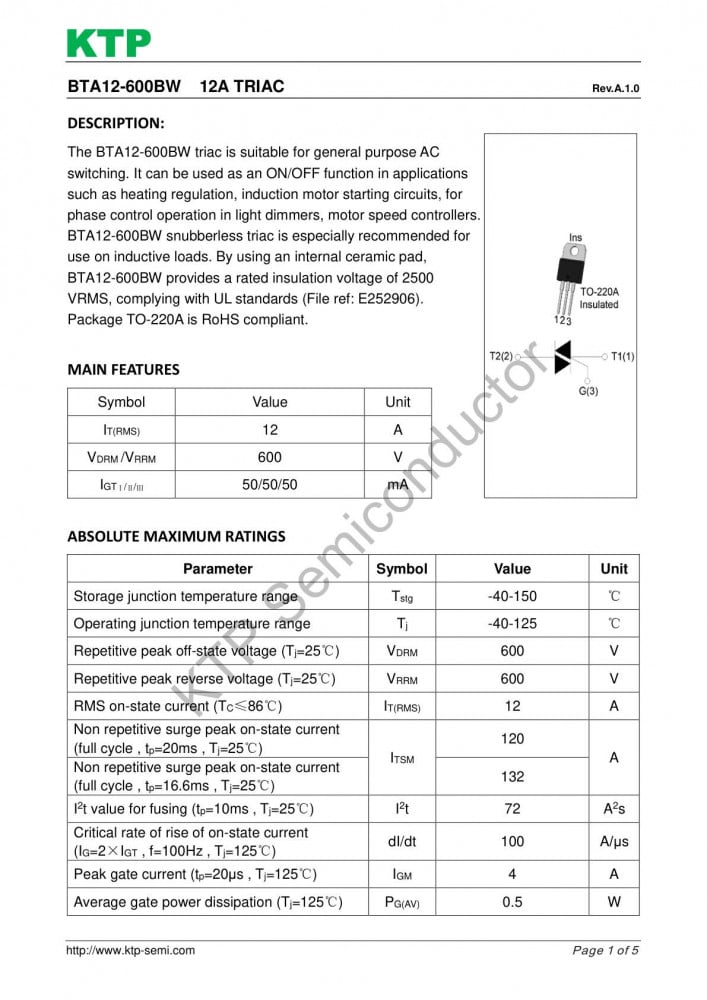 BTA12-600BW datasheet page 1