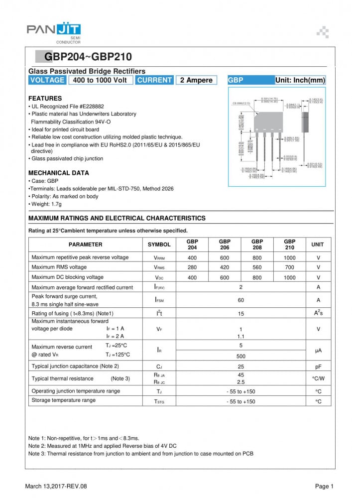 PANJIT GBP204 to GBP210 datasheet page 1