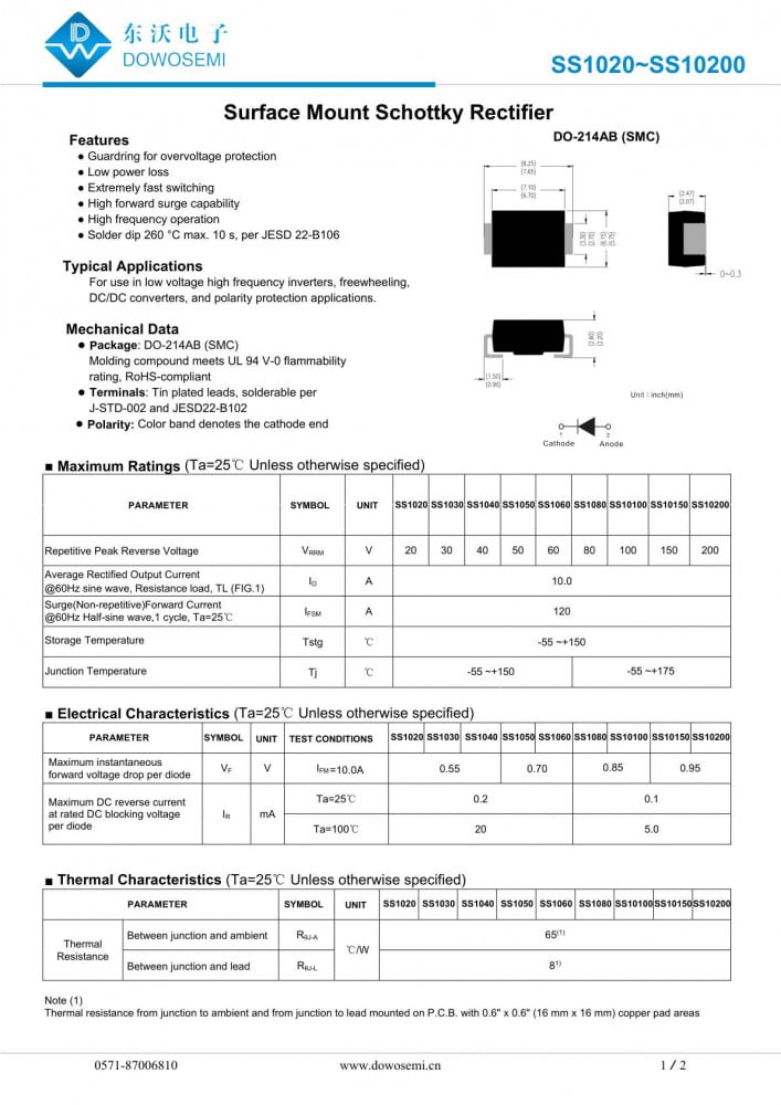 DOWO SS10100 datasheet page 1