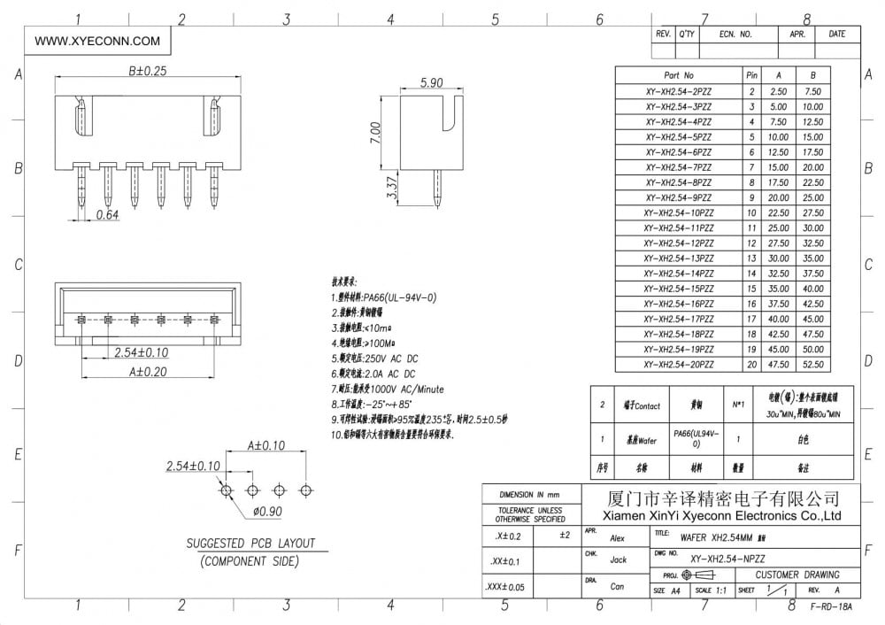 XYECONN XY-XH2.54-5PZZ technical drawing