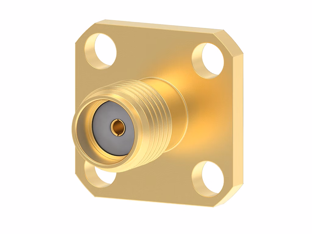 SMA Jack, Straight, Bulkhead, Crimp, RG-174, RG-188 and RG-316 Cable, Brass Body, Gold (Au) Plated, with Jam Nut and Lockwasher, Bulk Bag, 50 Ohms