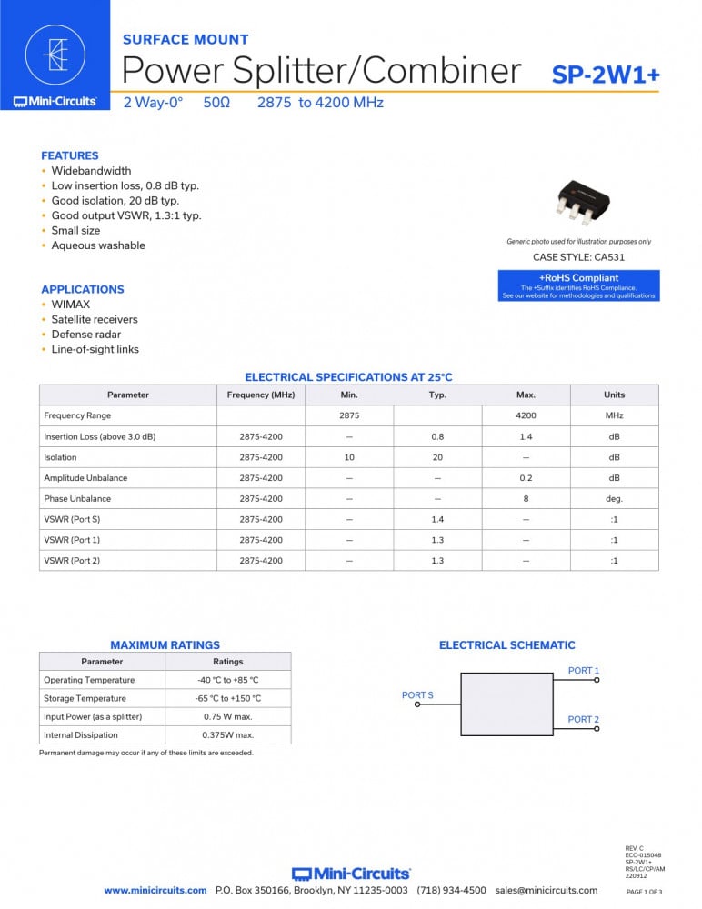 SP-2W1+ datasheet page 1