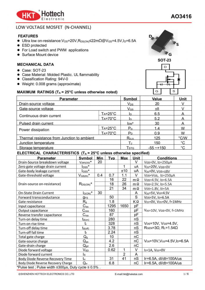 AO3416 datasheet page 1