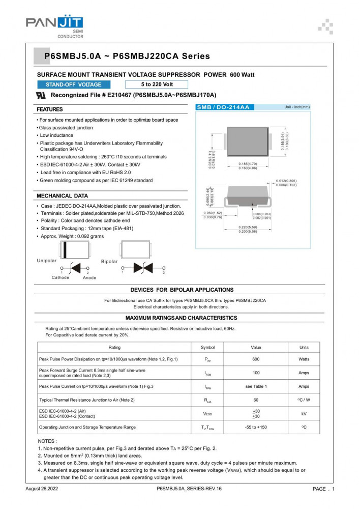 PANJIT P6SMBJ series datasheet page 1