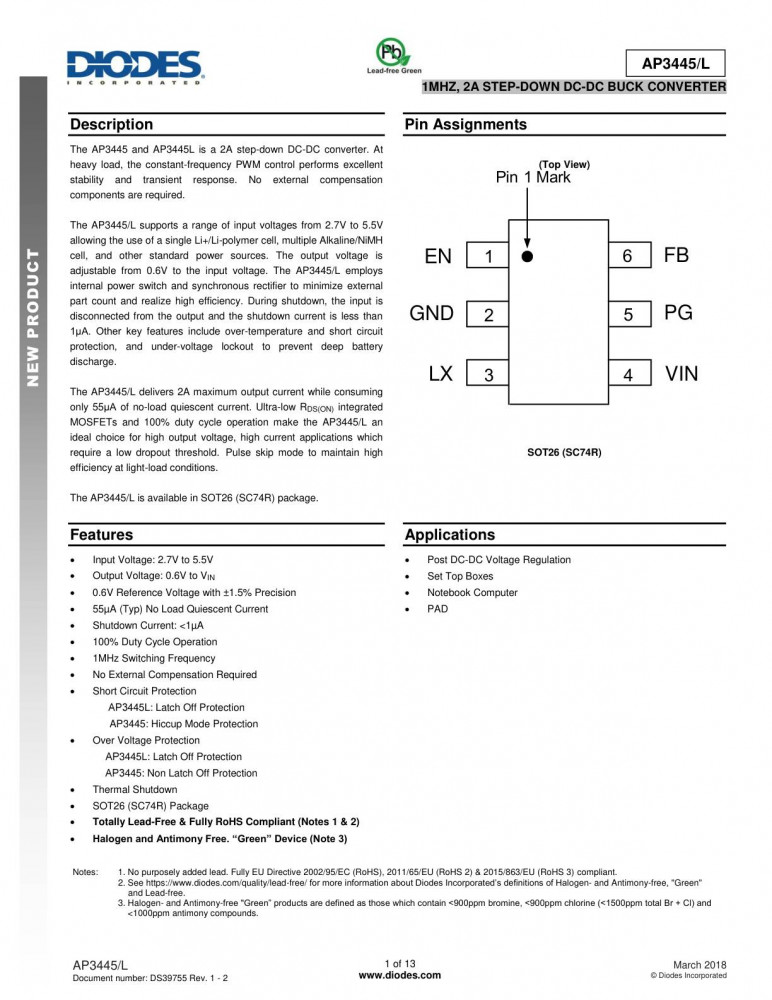 AP3445LW6-7 datasheet page 1