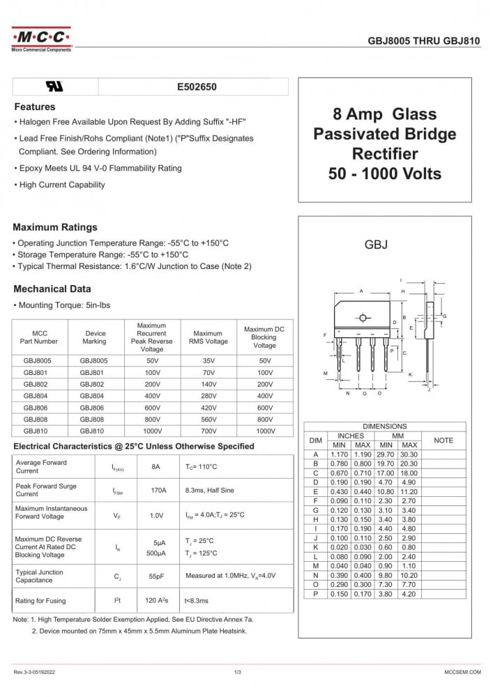 GBJ810-BP datasheet page 1