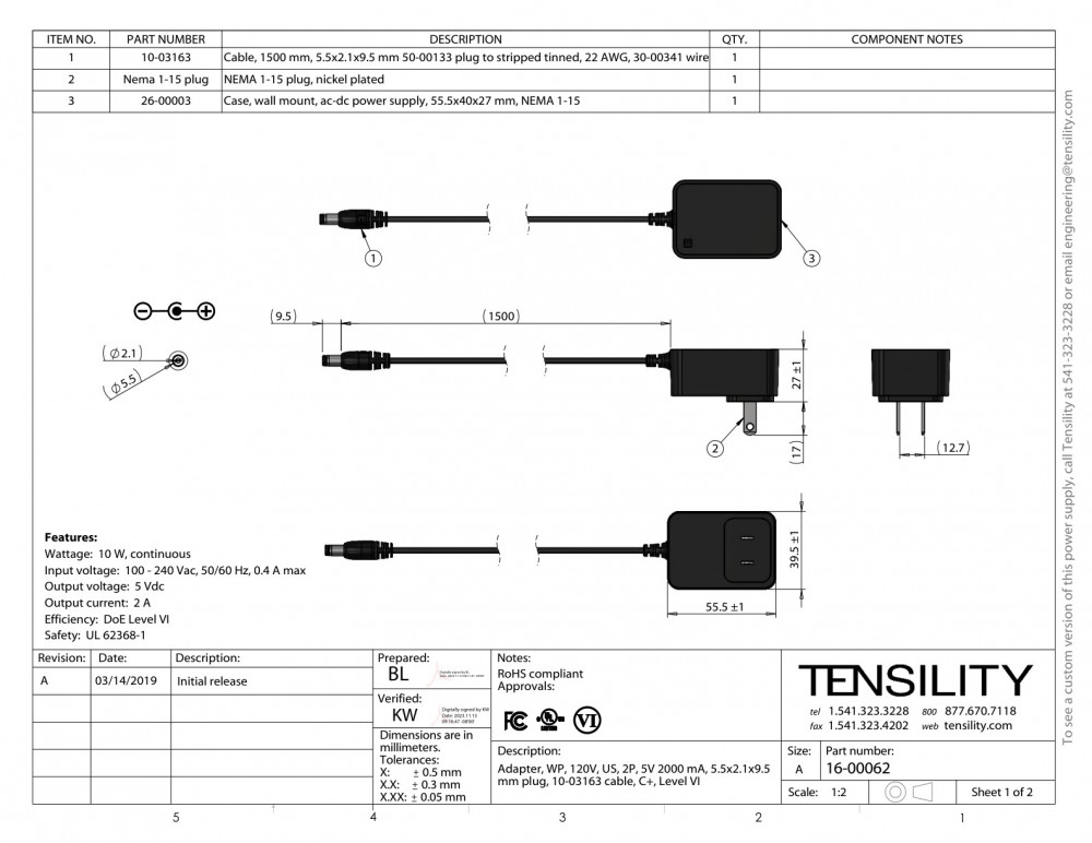Tensility 16-00062 product drawing, page 1