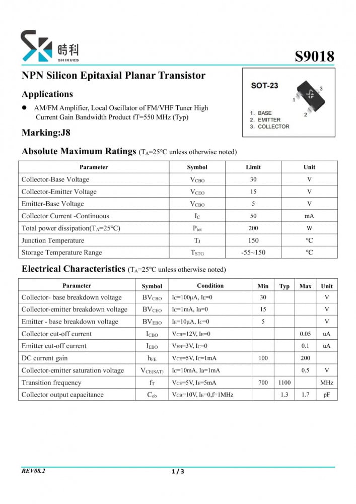 S9018 datasheet page 1