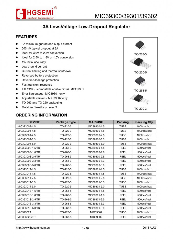 MIC39301T-3.3 datasheet page 1