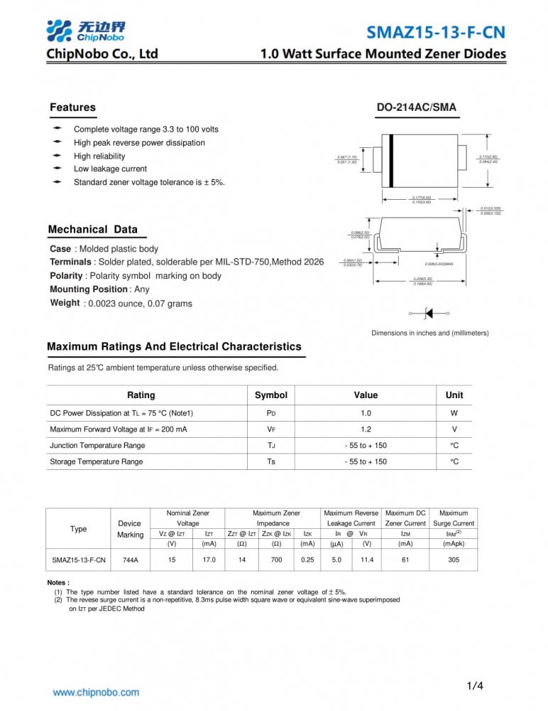 SMAZ15-13-F-CN datasheet page 1