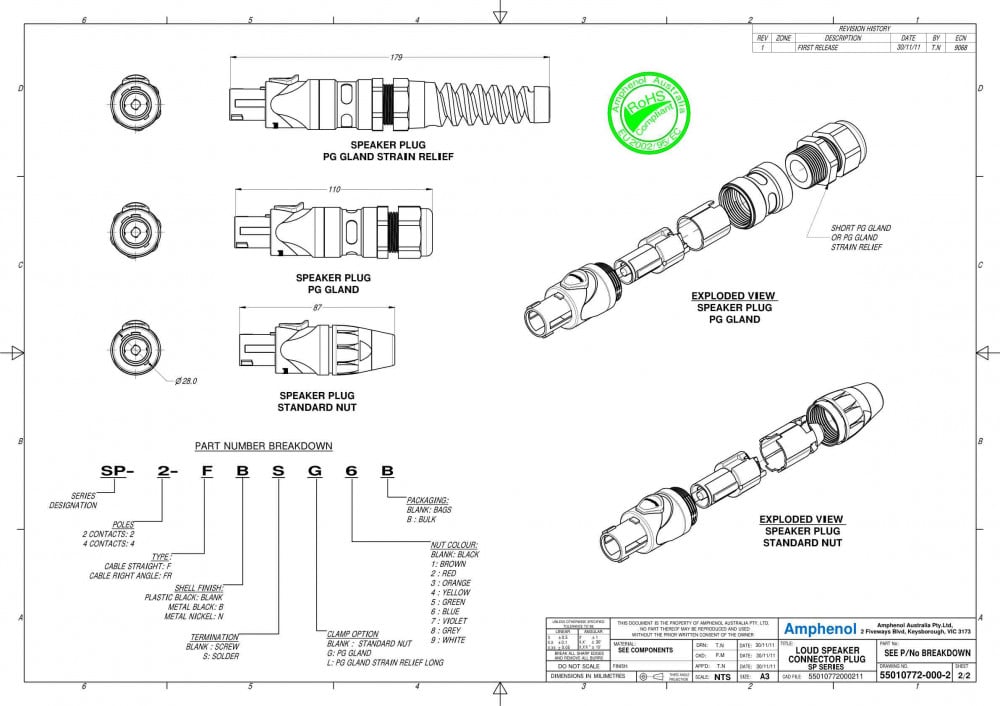 Amphenol SP Series loudspeaker connector drawing preview