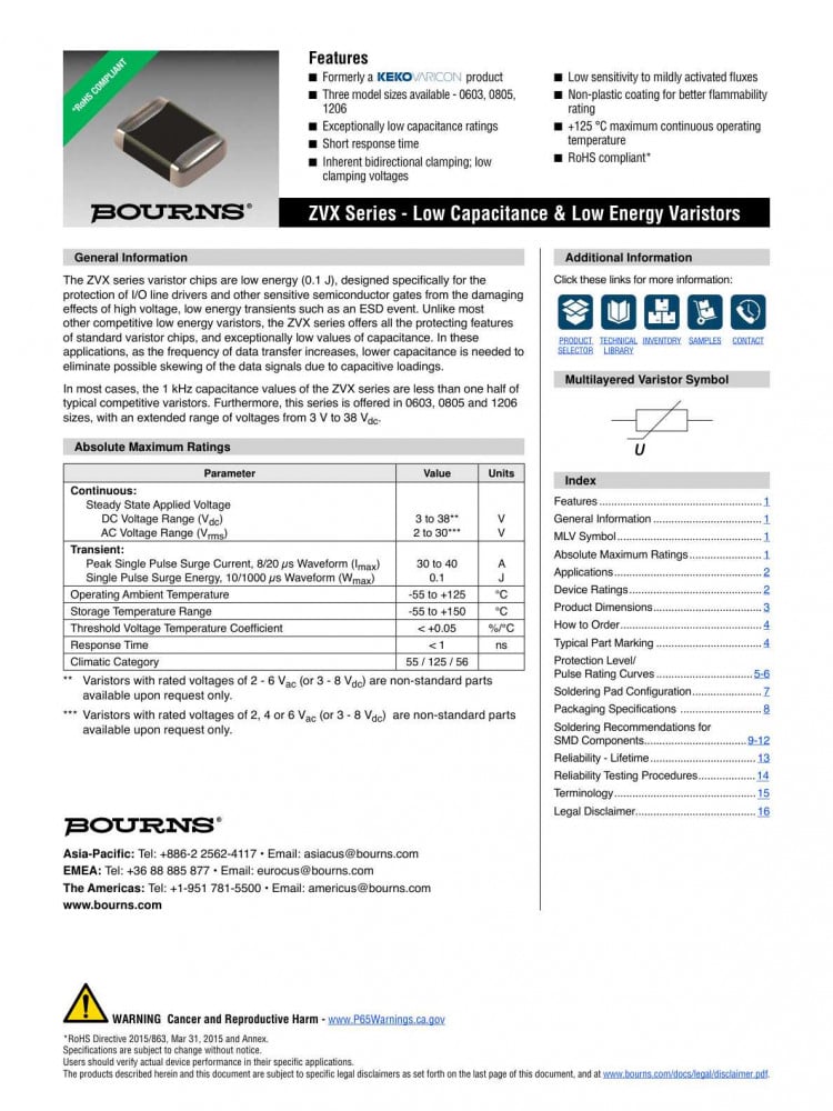 Bourns ZVX datasheet page 1