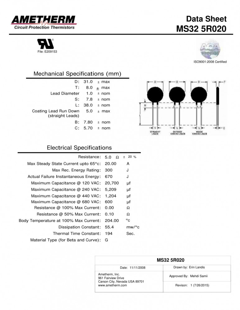 Ametherm MS32 5R020-B technical datasheet page