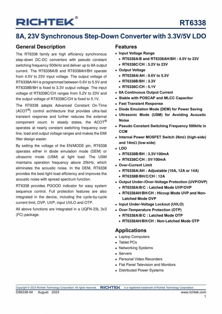 RT6338 datasheet page 1