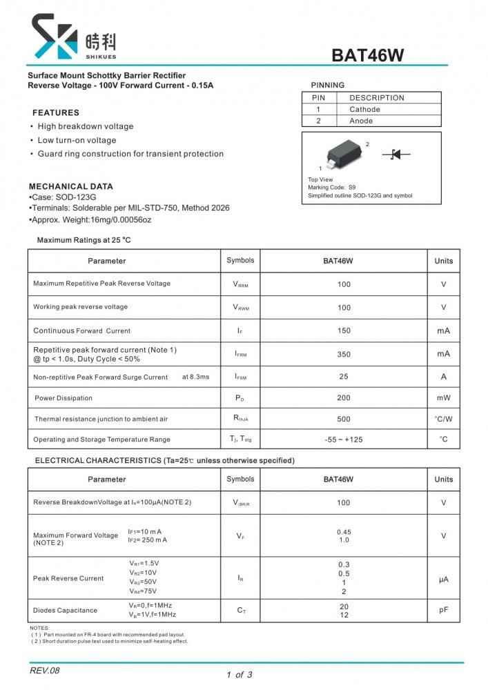 BAT46W datasheet page 1