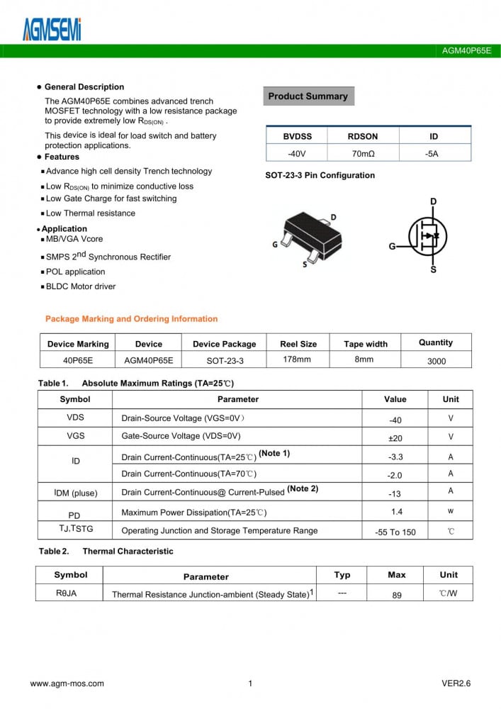 AGM40P65E datasheet page 1