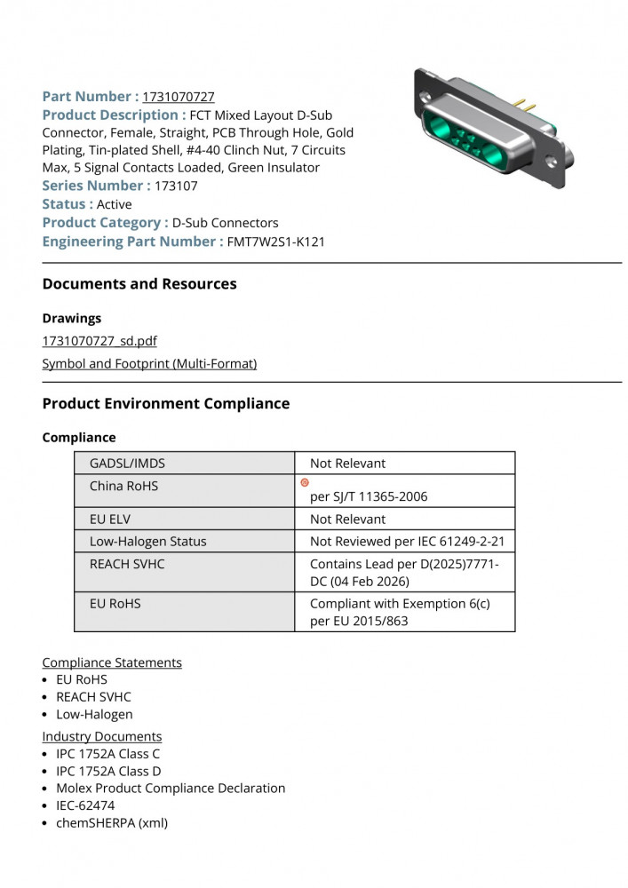 MOLEX 1731070727 technical drawing, page 1