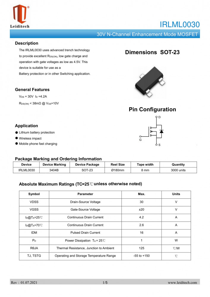 IRLML0030 datasheet page 1