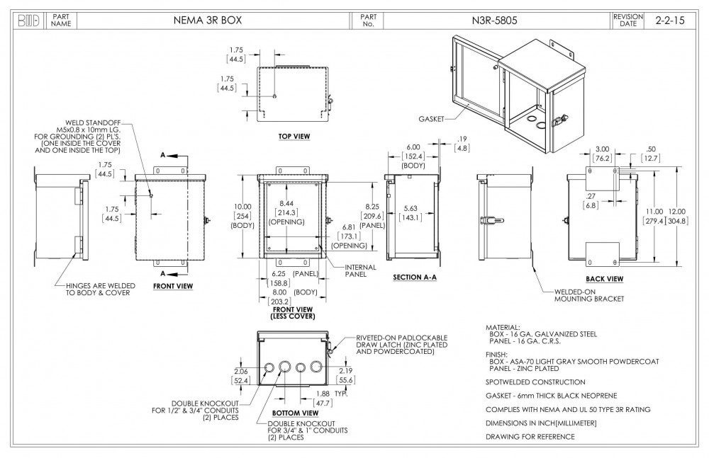 Bud Industries N3R-5805 enclosure technical drawing