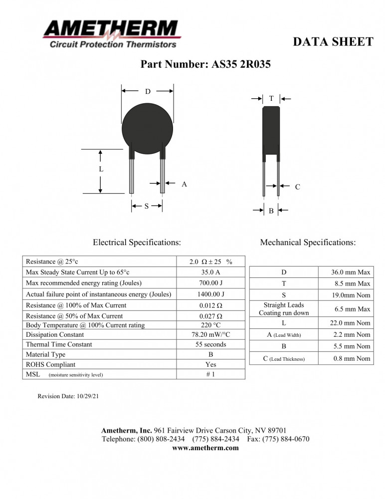 Ametherm AS35 2R035 technical document page