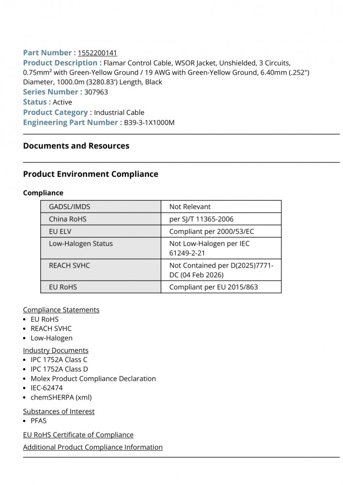 Technical document page 1 for MOLEX 1552200141