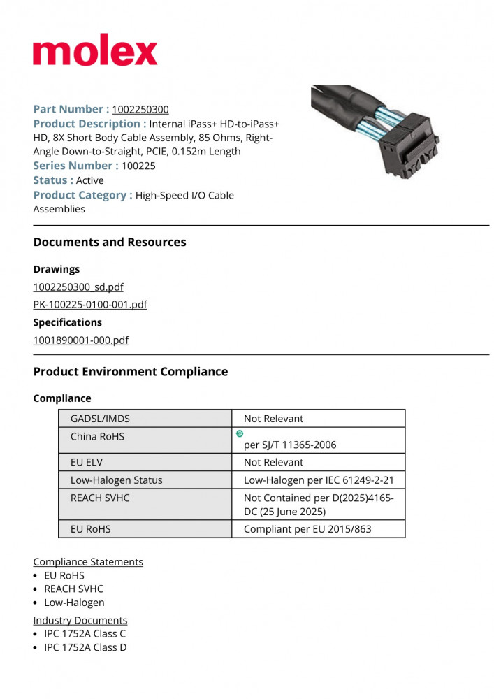 MOLEX MiniSAS HD cable assembly specification page 1