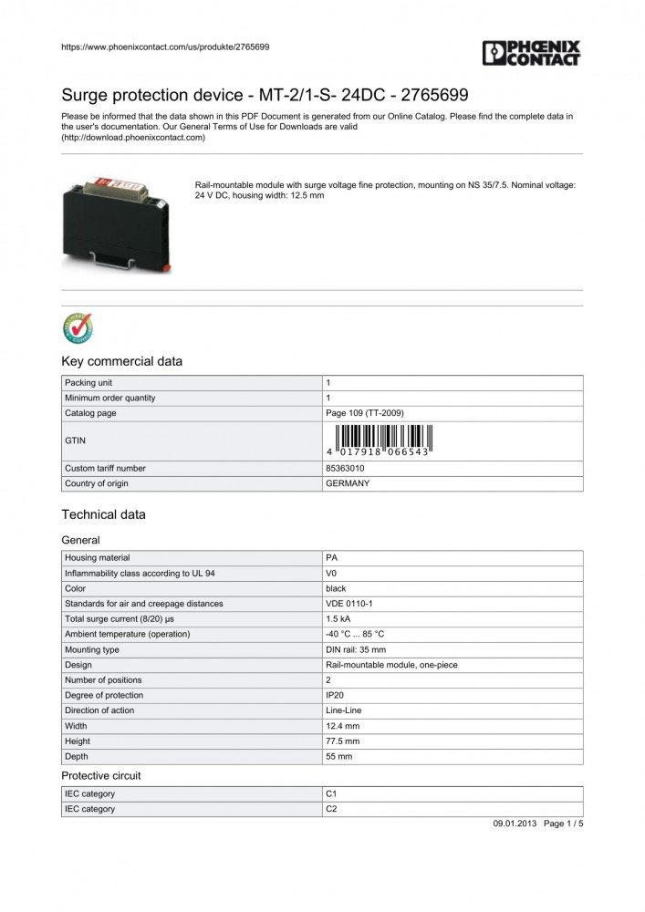 Phoenix Contact 2765699 technical document page 1