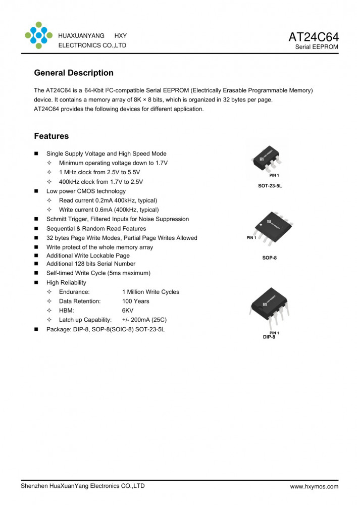 AT24C64-HXY datasheet page 1