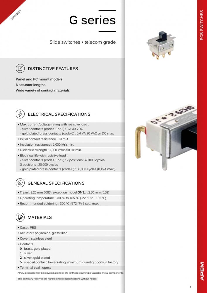 APEM G series datasheet page 1