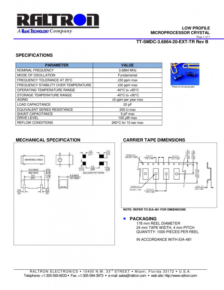 Raltron TT-SMDC-3.6864-20-EXT-TR datasheet page 1