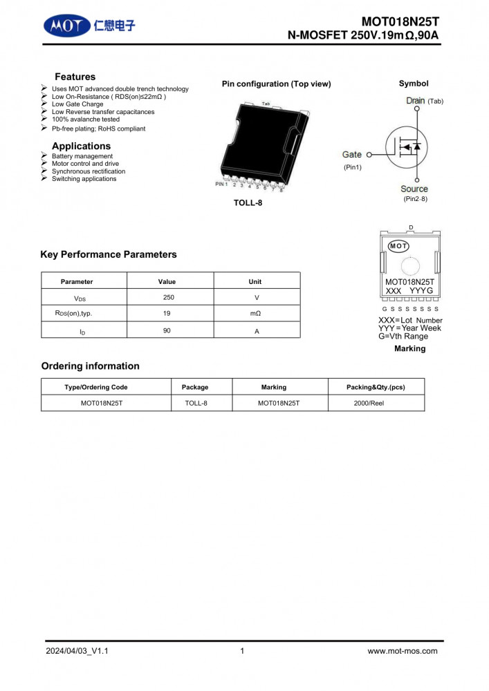 MOT018N25T datasheet page 1