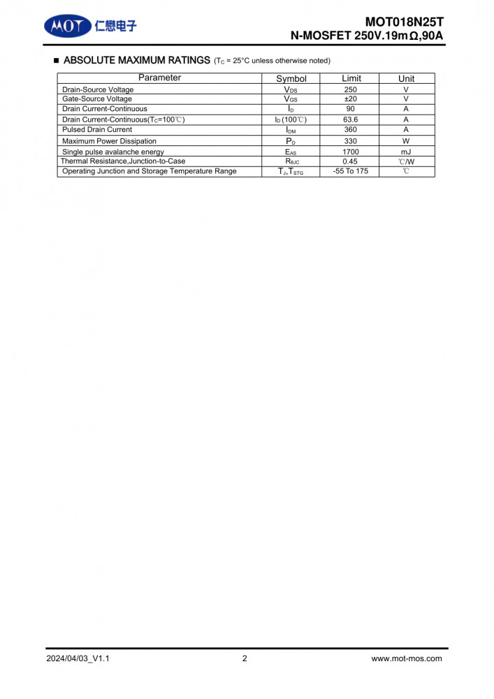 MOT018N25T datasheet page 2