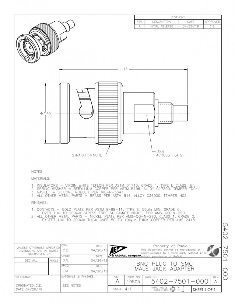 Radiall 5402-7501-000 BNC plug to SMC male jack adapter drawing preview