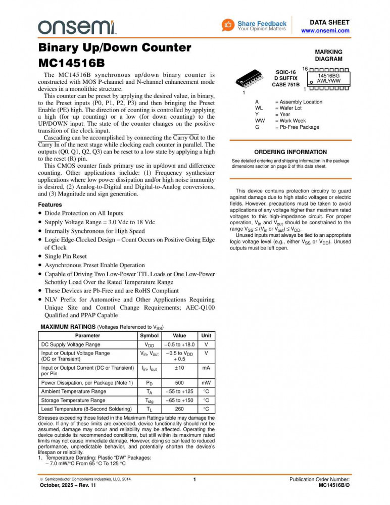 MC14516B datasheet page 1