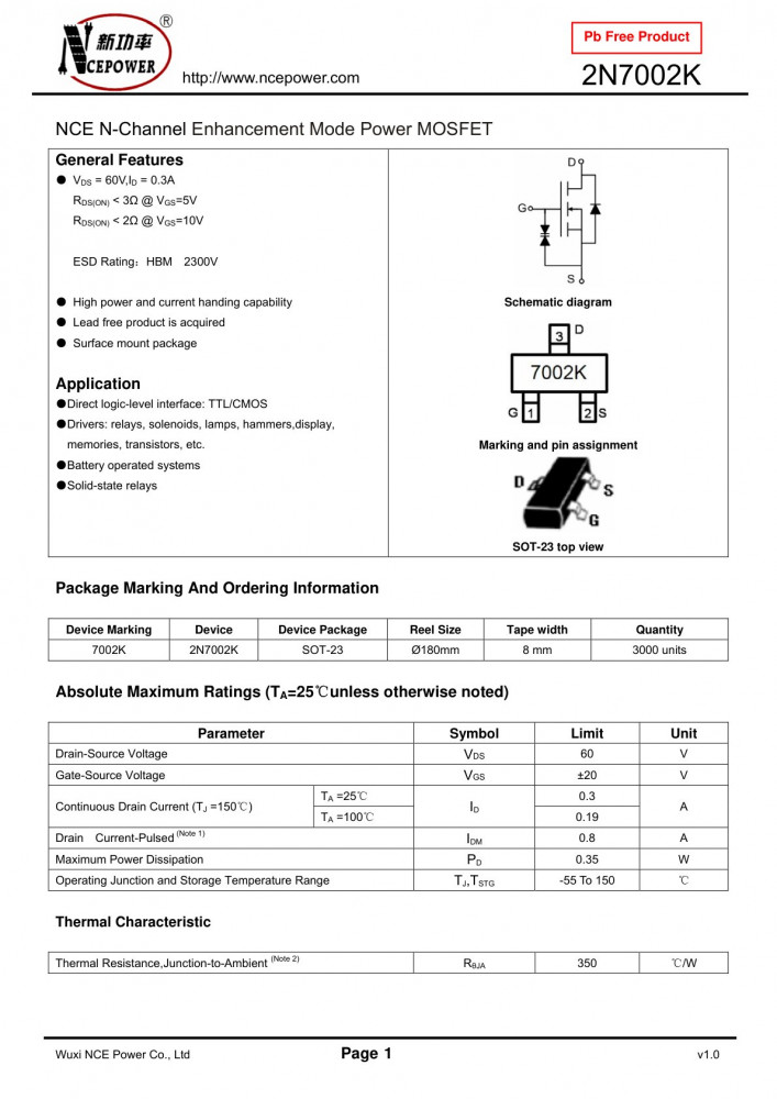 2N7002K datasheet page 1