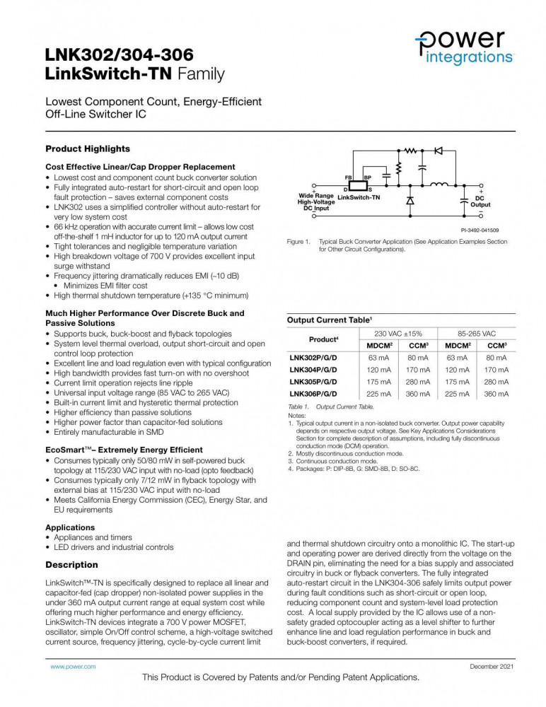 LNK306GN datasheet page 1