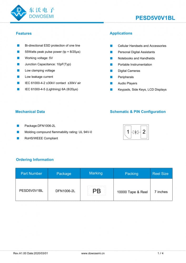 PESD5V0V1BL datasheet page 1