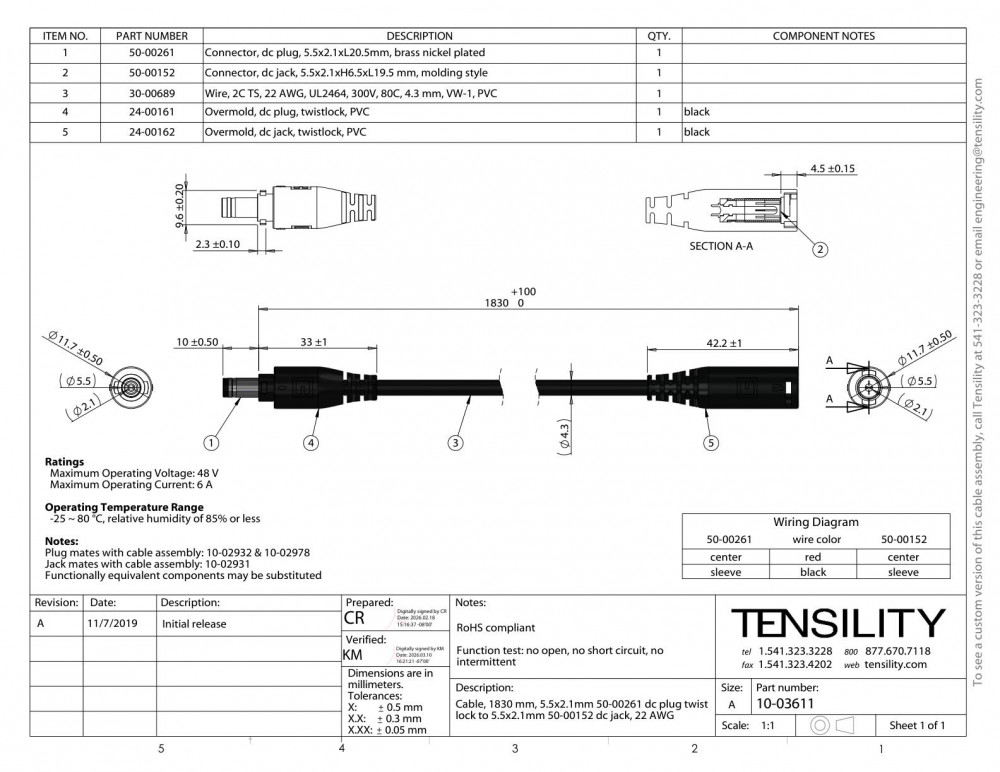 Technical drawing for Tensility International 10-03611 cable assembly
