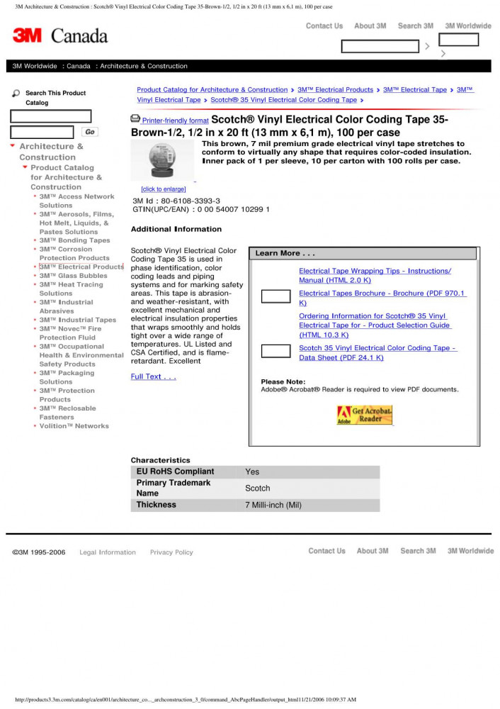 Product documentation image for Scotch vinyl electrical color-coding tape