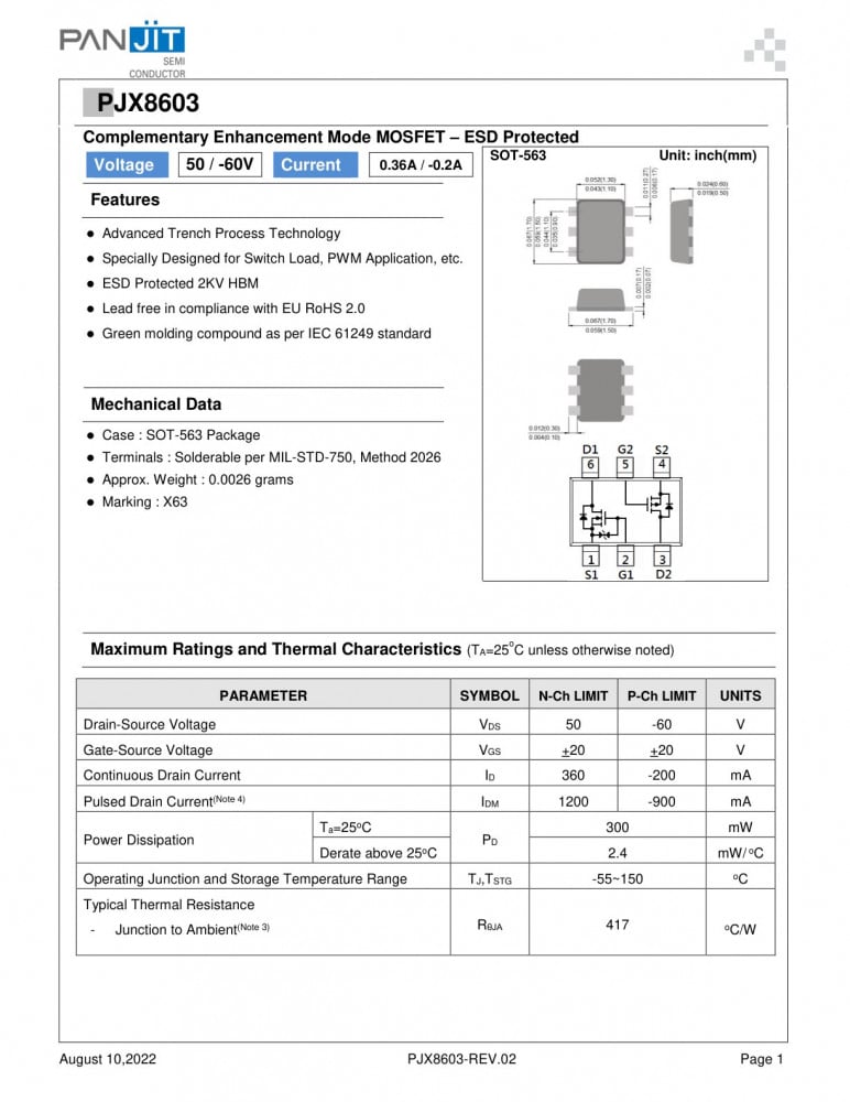 PJX8603 datasheet page 1