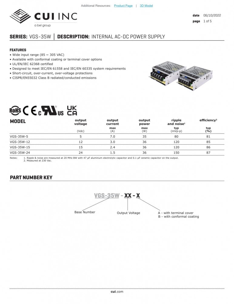 CUI VGS-35W datasheet page 1