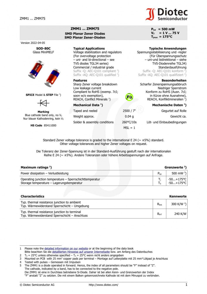 DIOTEC ZMM series datasheet page 1