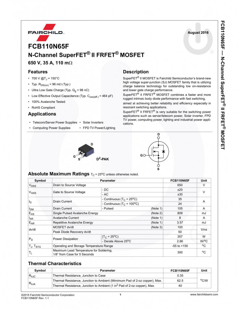 FCB110N65F datasheet page 2